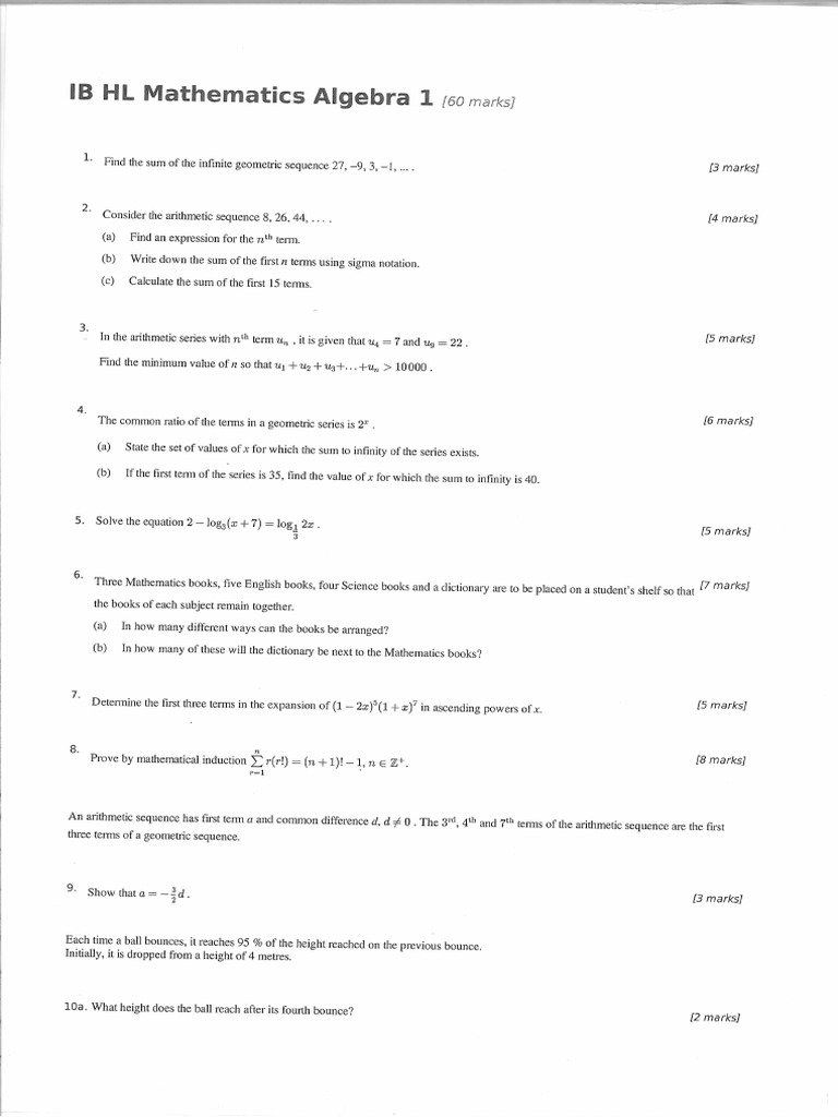 Maths HL Algebra 1 Exam Questions | PDF