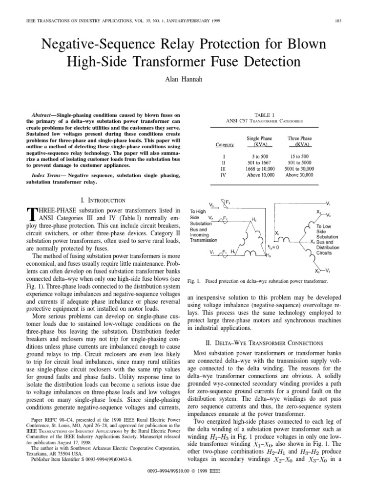 Negative-Sequence Relay Protection For Blown High-Side Transformer Fuse ...