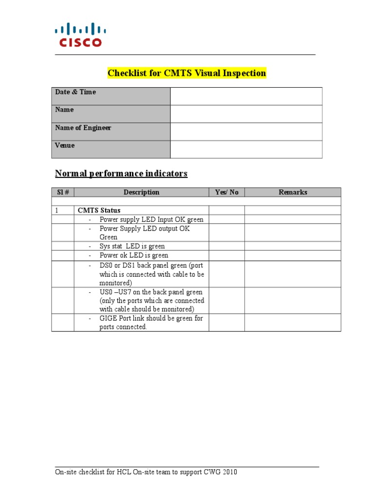 CMTS Visual Inspection Checklist | PDF | Technology & Engineering
