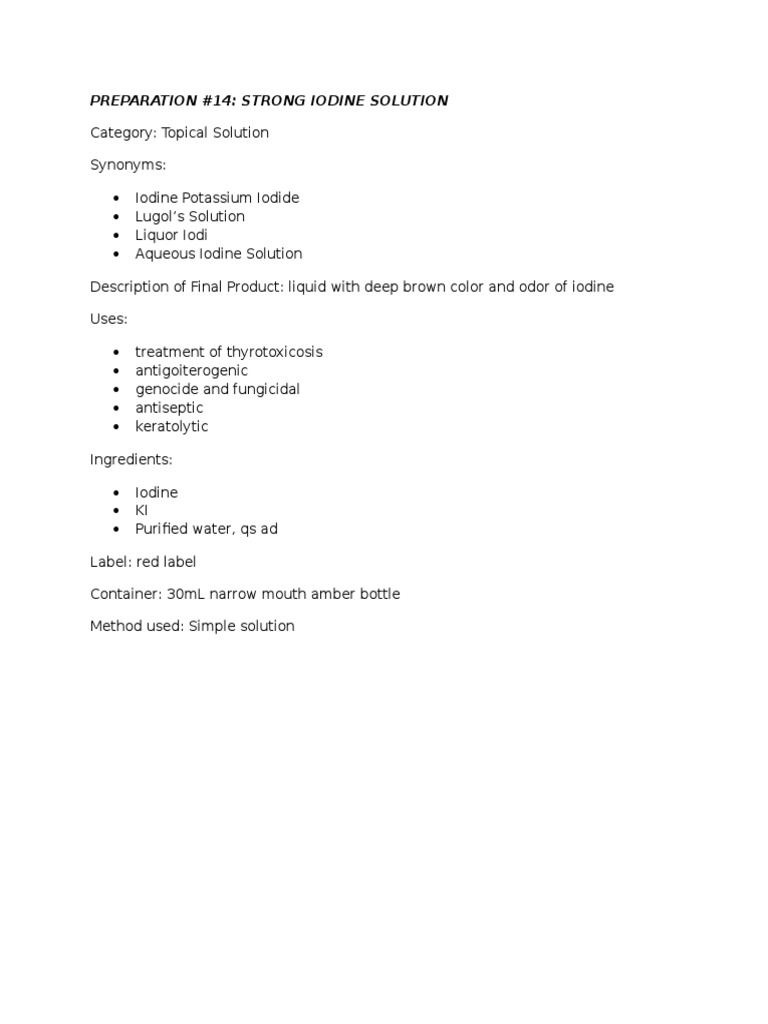 Strong Iodine Solution Uses and Preparation | PDF