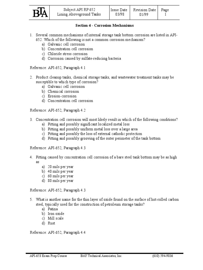 Section 5 API-652 Practice Questions | PDF | Corrosion | Industries