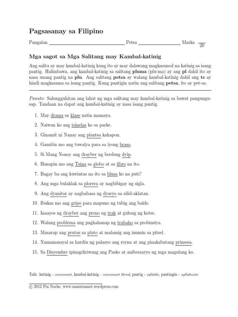 Mga Sagot Sa Kambal Katinig 1 | PDF