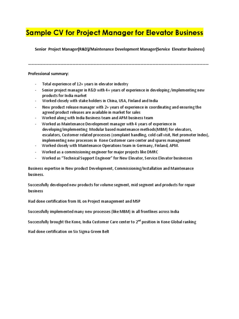 Elevator Project Manager CV Sample | PDF | Production And Manufacturing ...