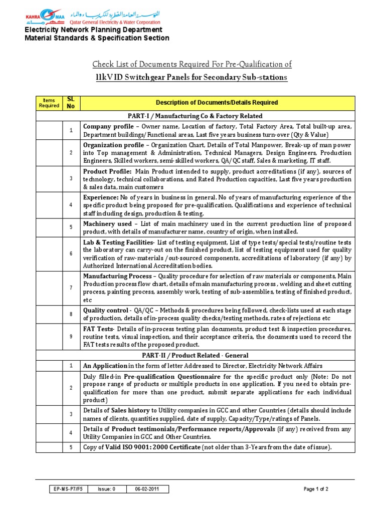 EP-MS-P7-F5 Check List of Documents Required For Pre-Qualification of 11KV ID Switchgear Panels ...