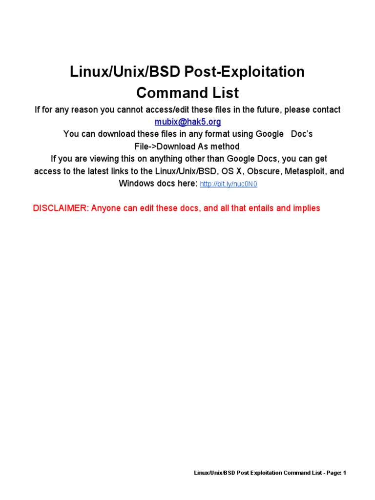 Linux Unix Bsd Post Exploitation Command List Pdf Data Management Unix Software 9802