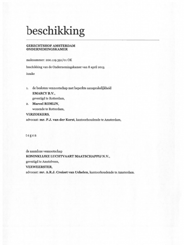 Beschikking Ondernemingskamer KLM en Emarcy | PDF