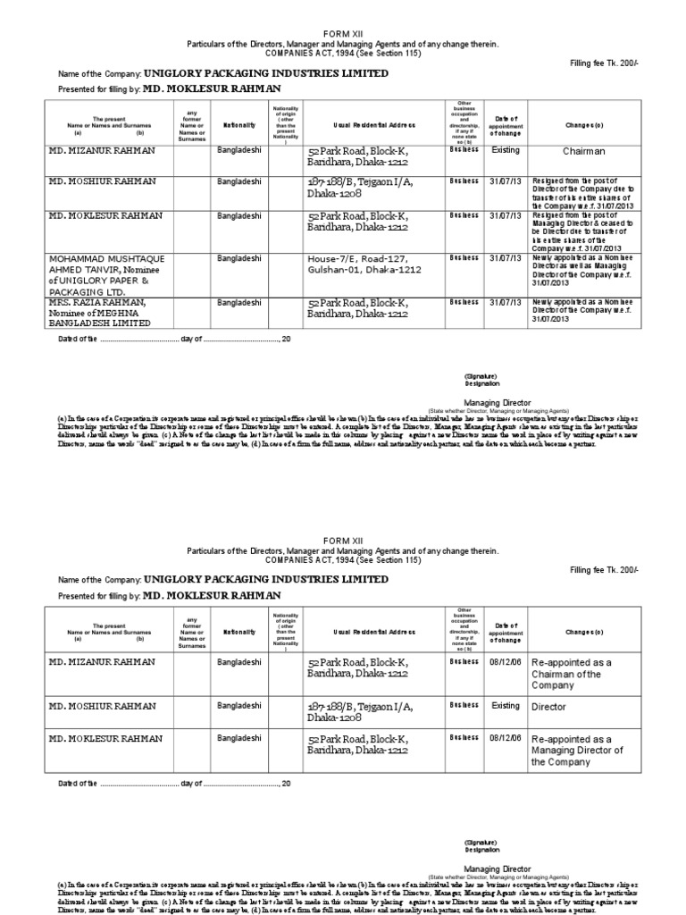 Form-XII (Sample Layout) | Bangladesh | Private Law