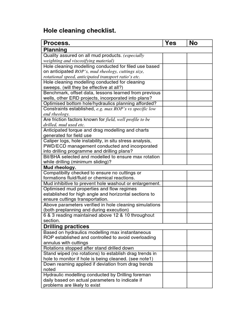 Hole Cleaning Checklist. Process. Yes No: Planning | PDF | Drilling ...