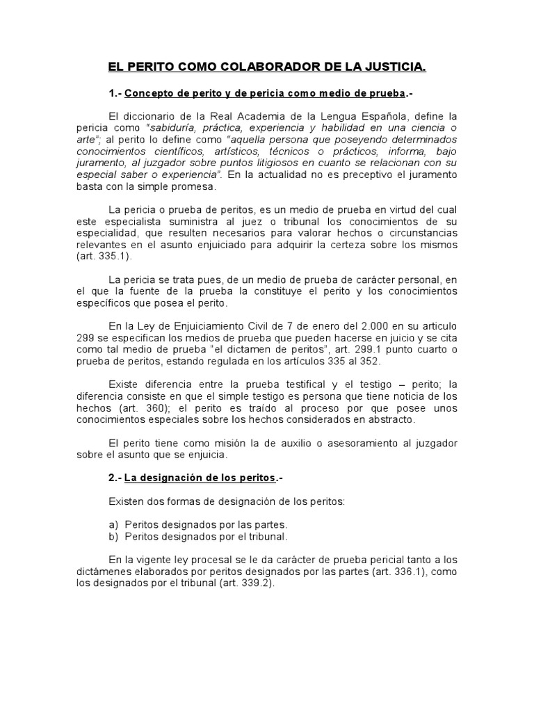 El Perito Como Colaborador De La Justicia Pdf Testigo Experto