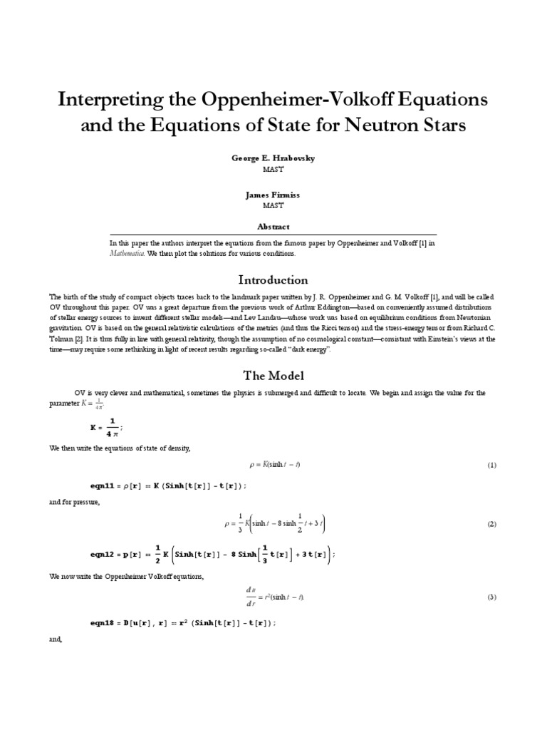 Interpreting The Oppenheimer-Volkoff Equations and The Equations of ...