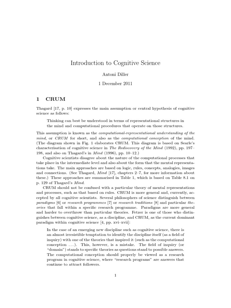 Introduction To Cognitive Science: 1 Crum | PDF | Interdisciplinarity | Cognitive Science