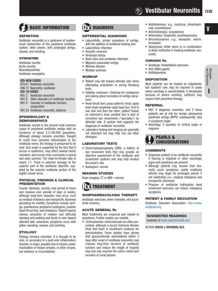 Vestibular Neuronitis: Basic Information Diagnosis | PDF | Vertigo ...