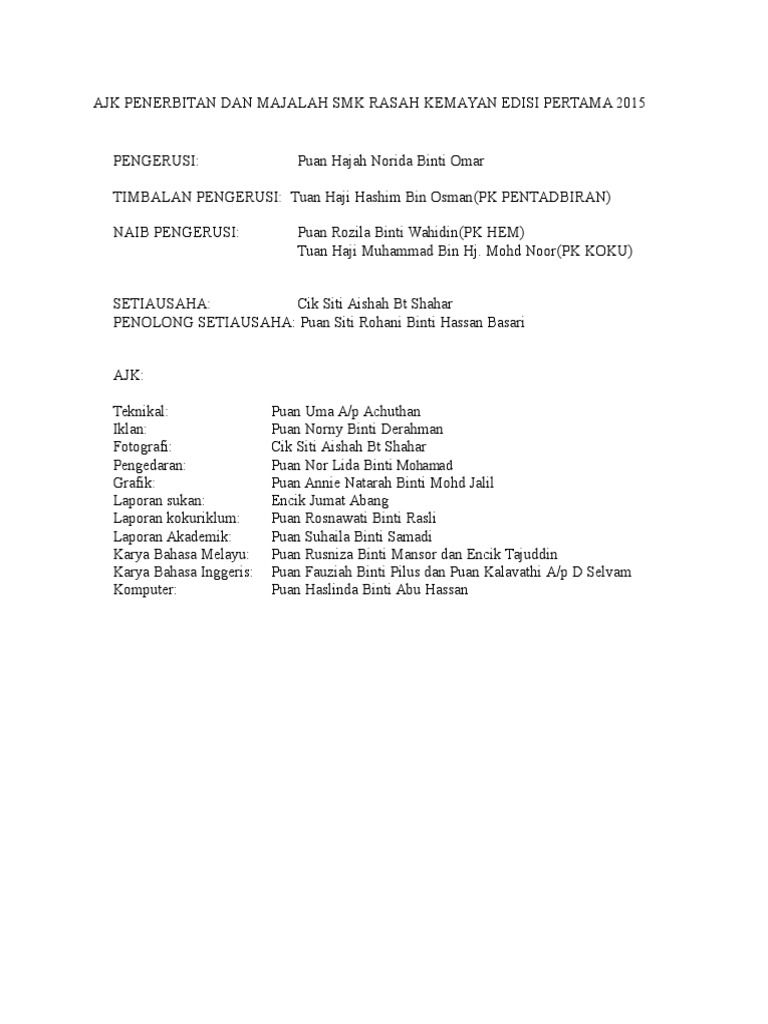 Ajk Penerbitan Dan Majalah SMK Rasah Kemayan Edi | PDF