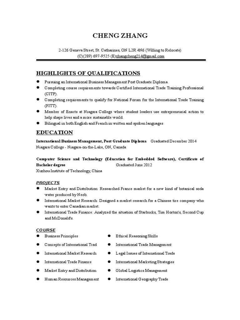 International Business Management Resume | PDF
