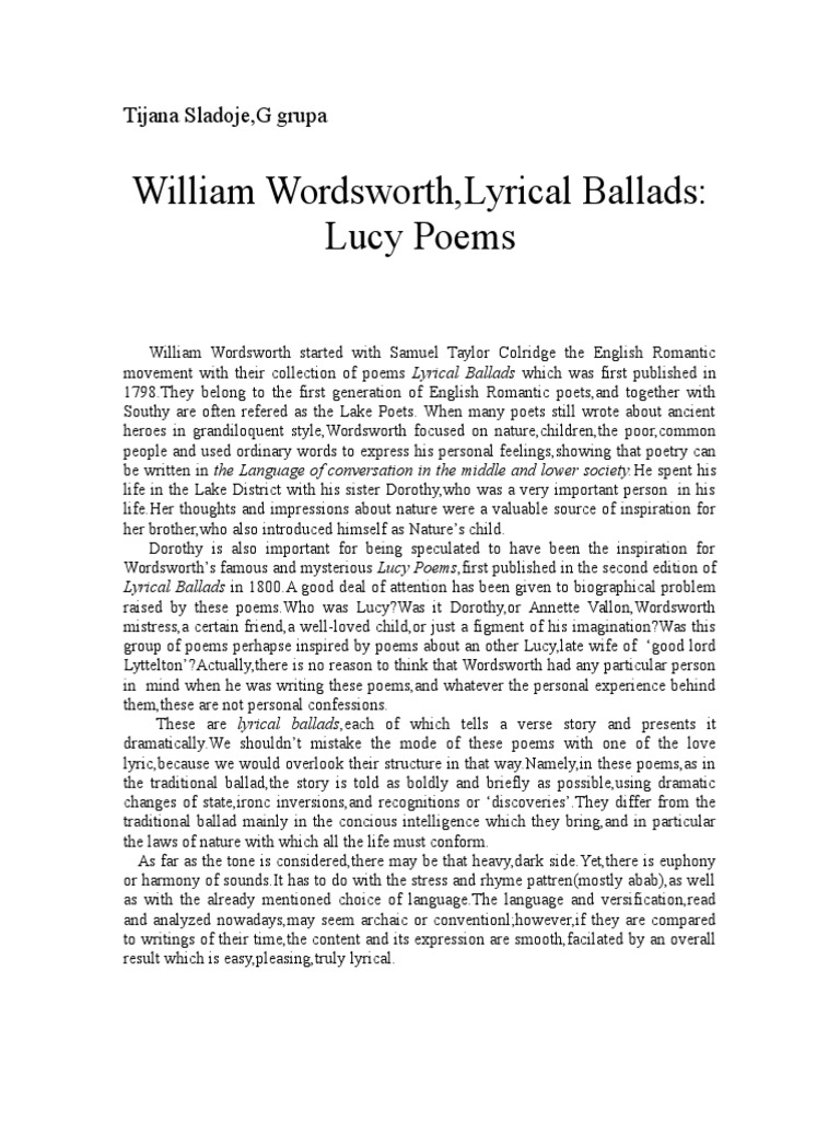 1 William Wordsworth - Lucy Poems | PDF | William Wordsworth | European ...