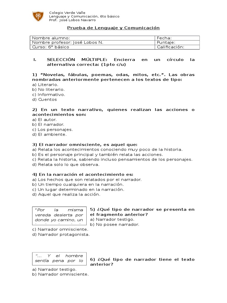 Prueba de Lenguaje y Comunicación 6to (1)