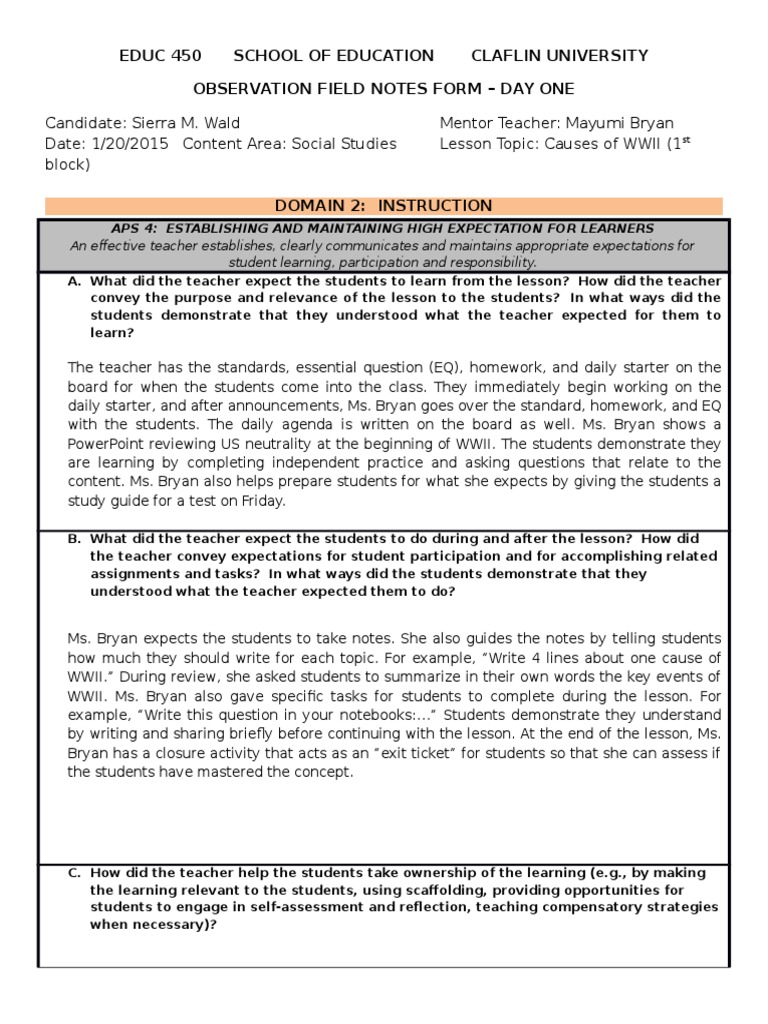 Observation Field Notes Form | PDF | Teachers | Test (Assessment)