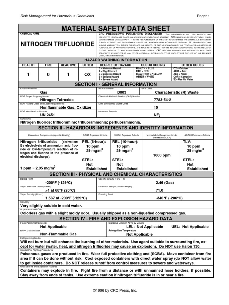 Material Safety Data Sheet: Nitrogen Trifluoride | PDF | Nitrogen | Blood