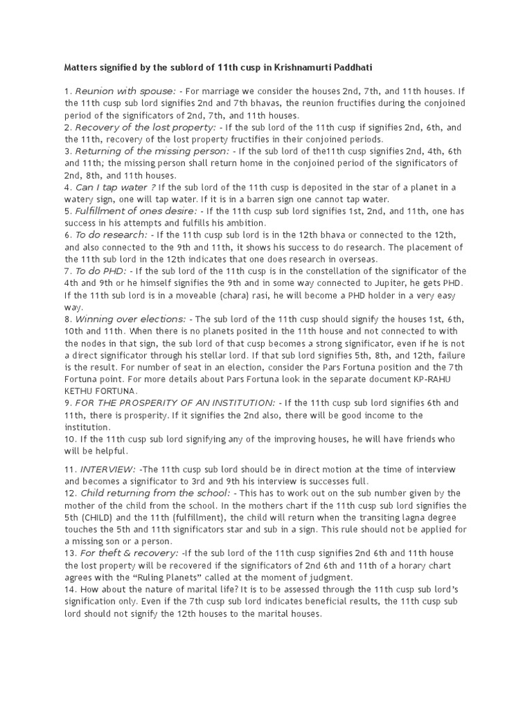 Significance of 11th Cusp Sublord | PDF | Occult | Hindu Astrology