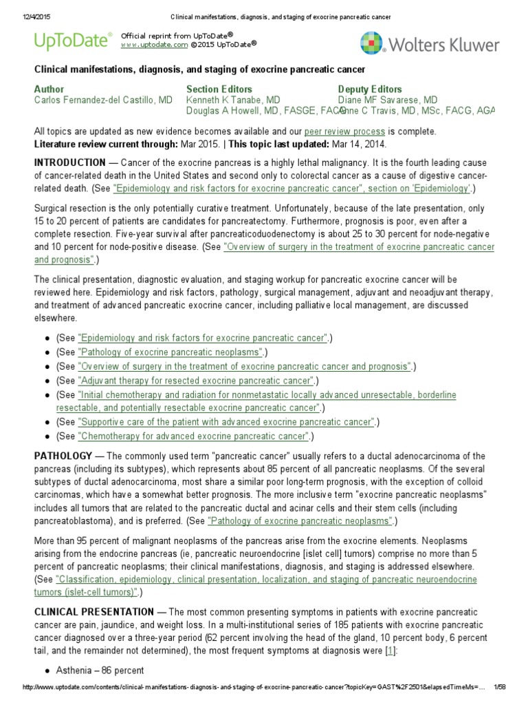 Clinical Manifestations, Diagnosis, and Staging of Exocrine Pancreatic ...