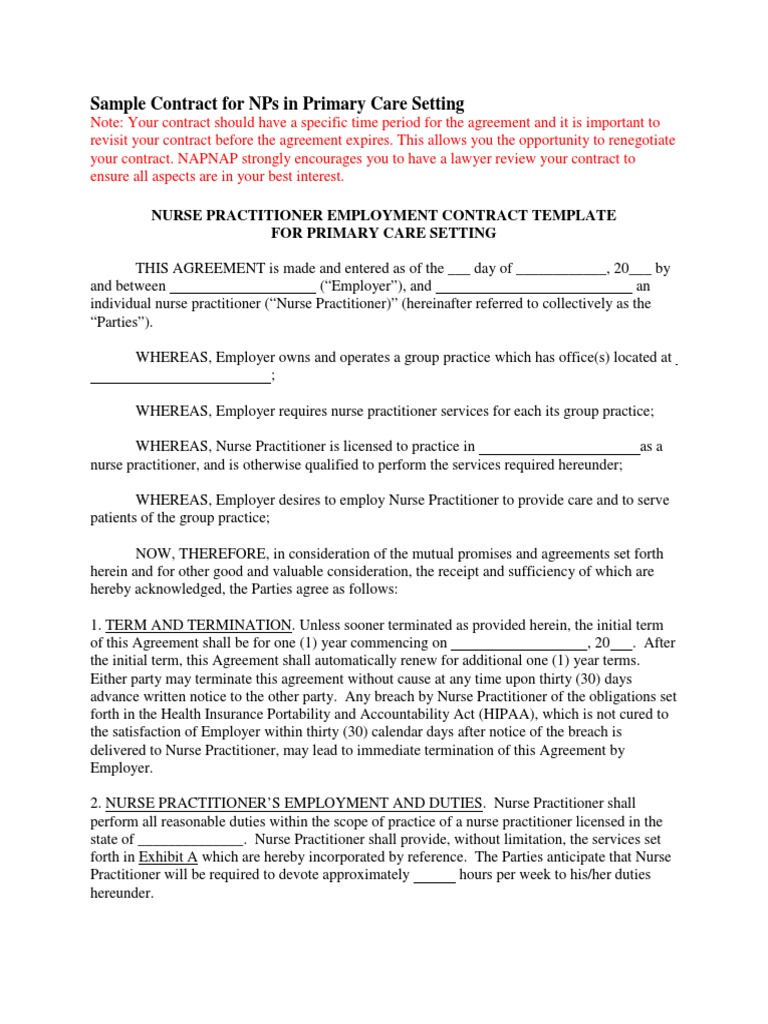 Sample Contract For NP or PNP in Primary Care Setting | PDF | Nurse ...