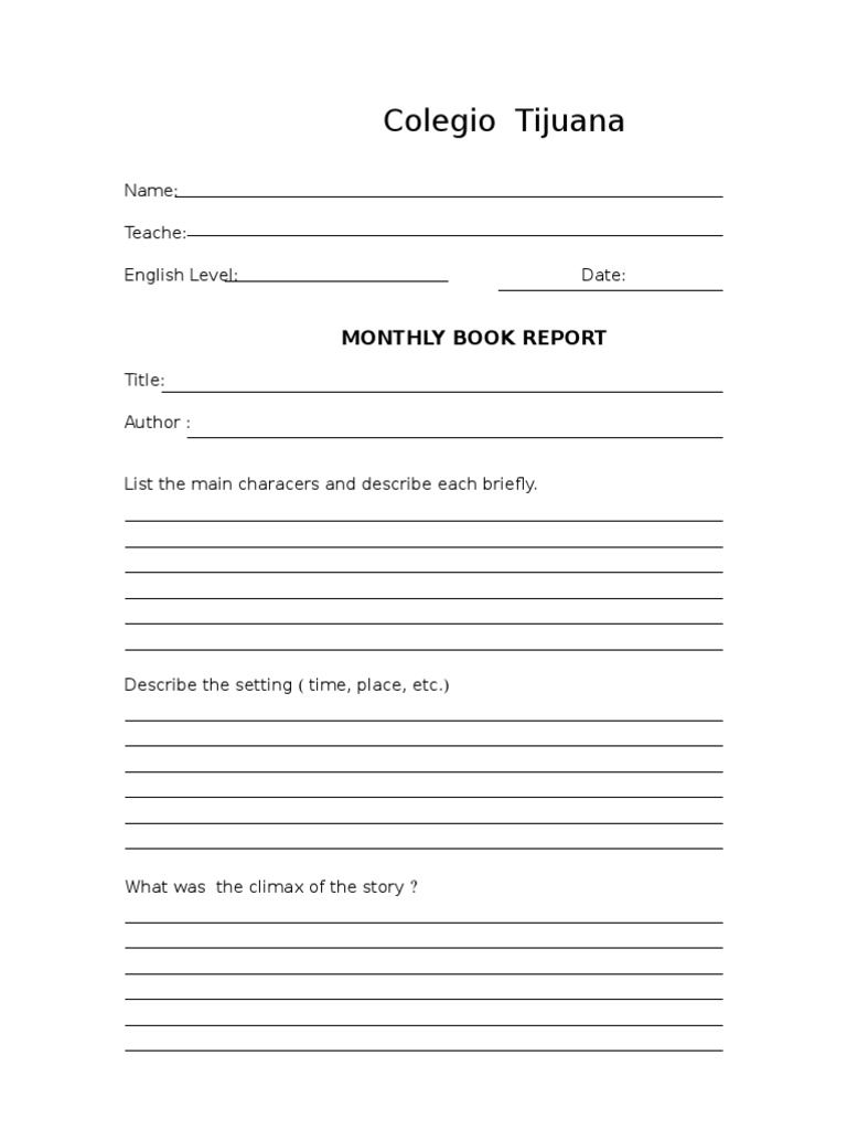 Student Monthly Book Report Template | PDF | General Fiction