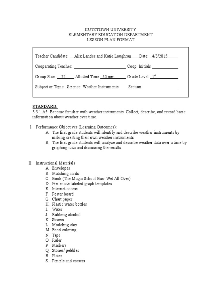 Weather Instruments Lesson Plan for Grade 1 | PDF | Meteorology | Teachers