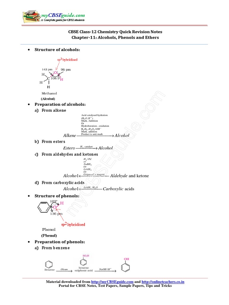 CBSE Class-12 Chemistry Quick Revision Notes Chapter-11: Alcohols ...