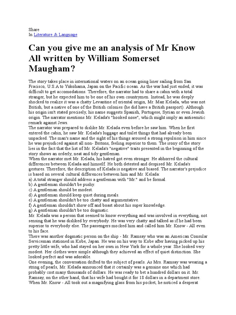 Can You Give Me An Analysis of MR Know All Written by William Somerset ...