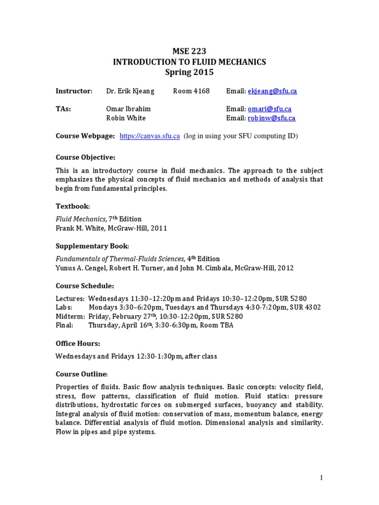 Mse 223 Introduction To Fluid Mechanics Spring 2015: Instructor: Tas | PDF | Fluid Mechanics ...