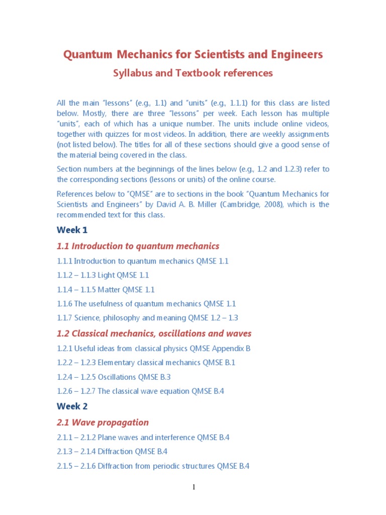 Quantum Mechanics For Scientists and Engineers: Syllabus and Textbook ...