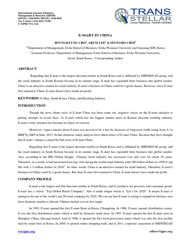 E-Mart in China: Hyungkyung Cho, Arum Lee & Seungho Choi | PDF ...