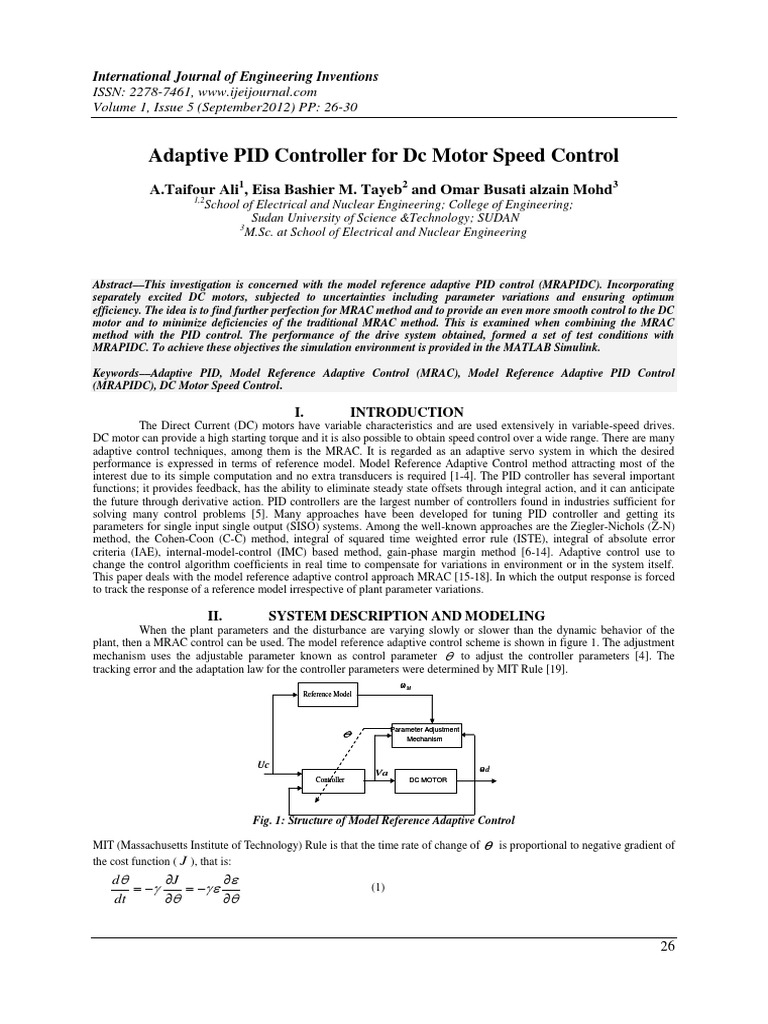 Adaptive PID Control for DC Motors | PDF | Control Theory | Formalism ...