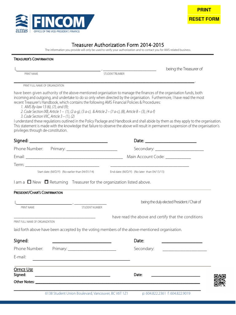 Treasurer Authorization Form 2014-2015 | PDF