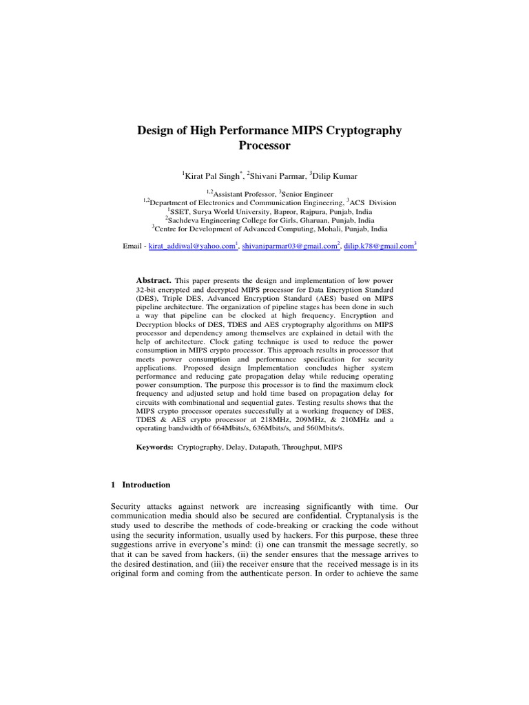 Design of High Performance MIPS Cryptography Processor | PDF ...