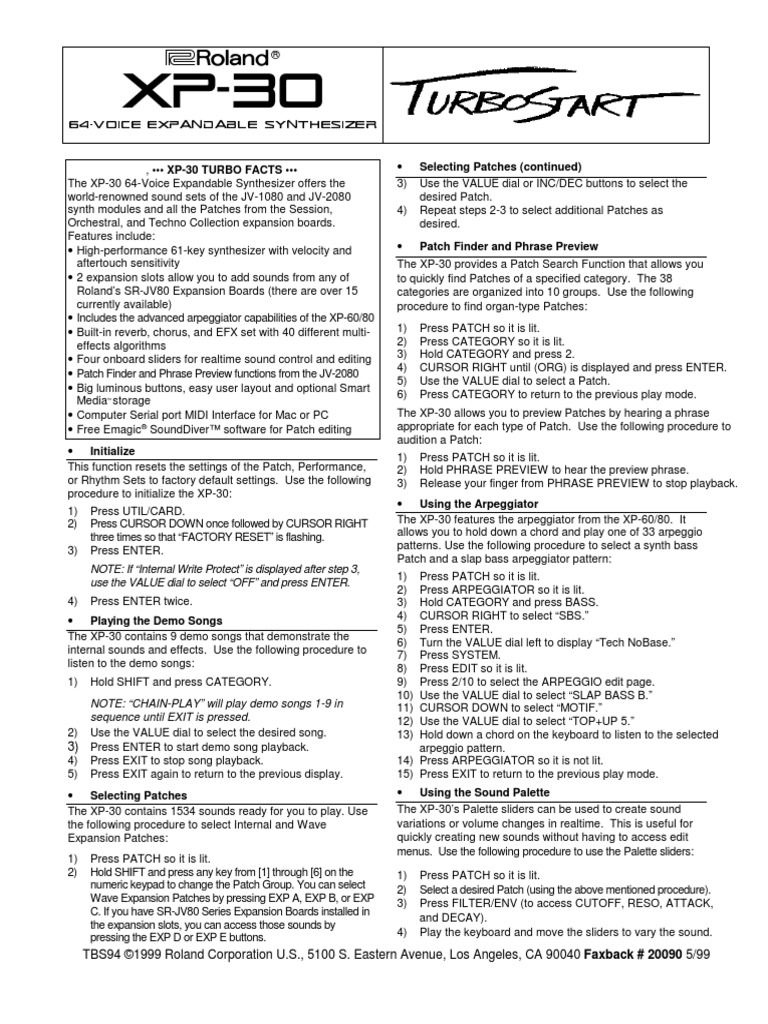 Roland XP 30 TurboStart | PDF | Synthesizer | Media Technology