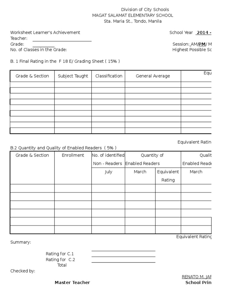 Performance Rating BLANK | PDF | Lesson Plan | Teachers
