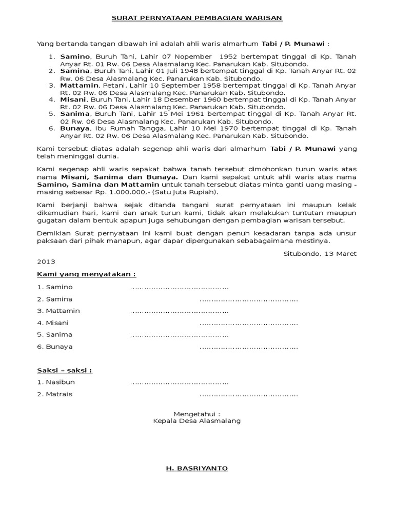 Surat Pernyataan Pembagian Warisan | PDF