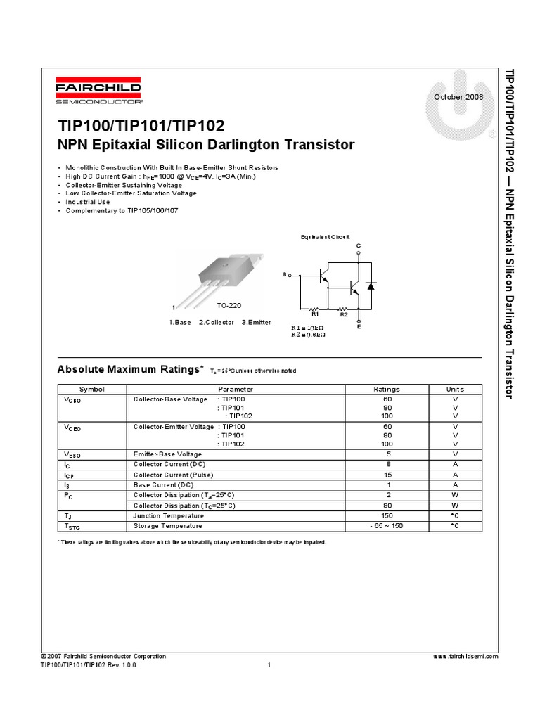 TIP100/TIP101/TIP102: NPN Epitaxial Silicon Darlington Transistor | PDF ...
