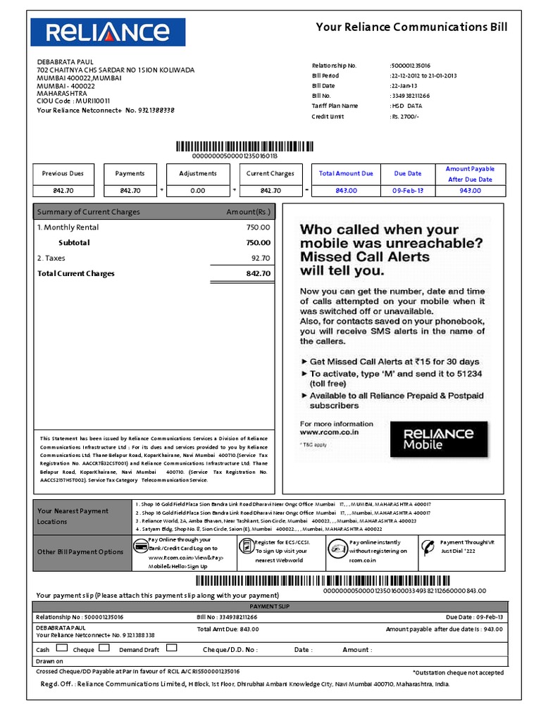 Your Reliance Communications Bill: Summary of Current Charges Amount ...
