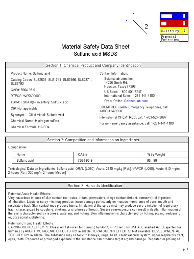 MSDS H2so4 | PDF | Sulfuric Acid | Corrosion