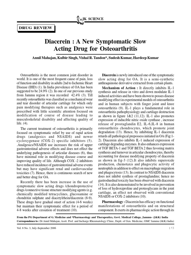 Diacerein: A New Symptomatic Slow Acting Drug For Osteoarthritis | PDF ...