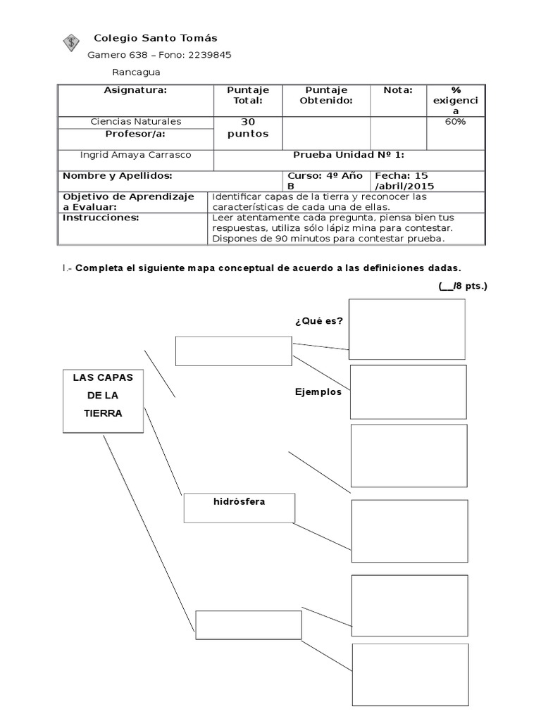 Prueba sobre las Capas de la Tierra 4º Básico | PDF