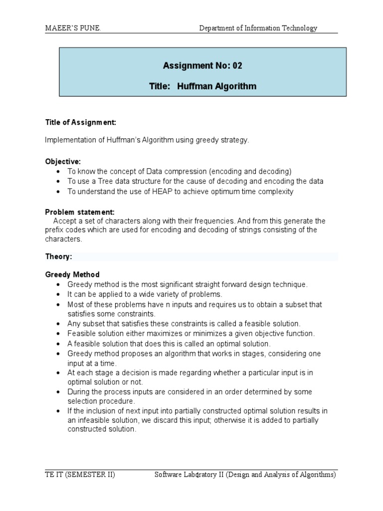 Assignment No: 02 Title: Huffman Algorithm | PDF | Mathematical ...