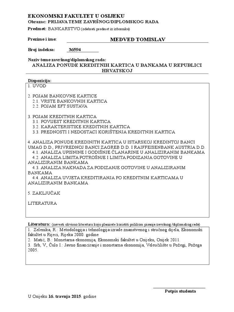 Obrazac Prijave Teme I Dispozicije Završnog Rada | PDF