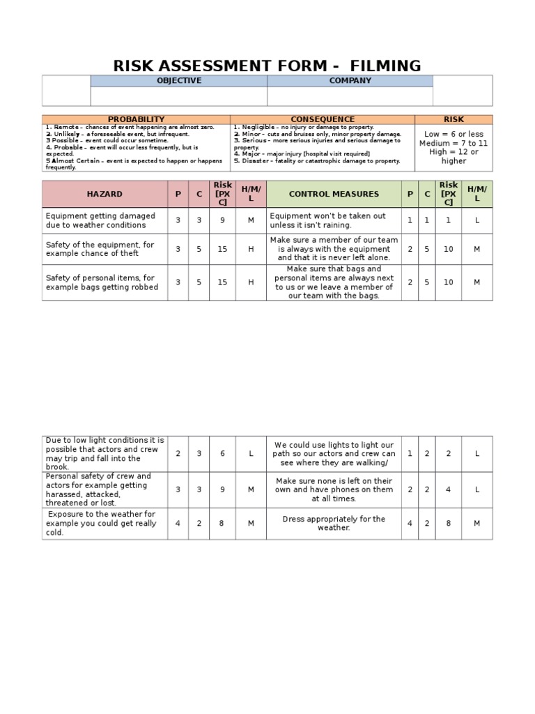 Risk Assessment Form For Outside | PDF