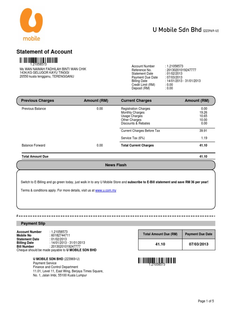 Statement of Account: Previous Charges Amount (RM) Current Charges Amount (RM) | PDF | Cheque ...