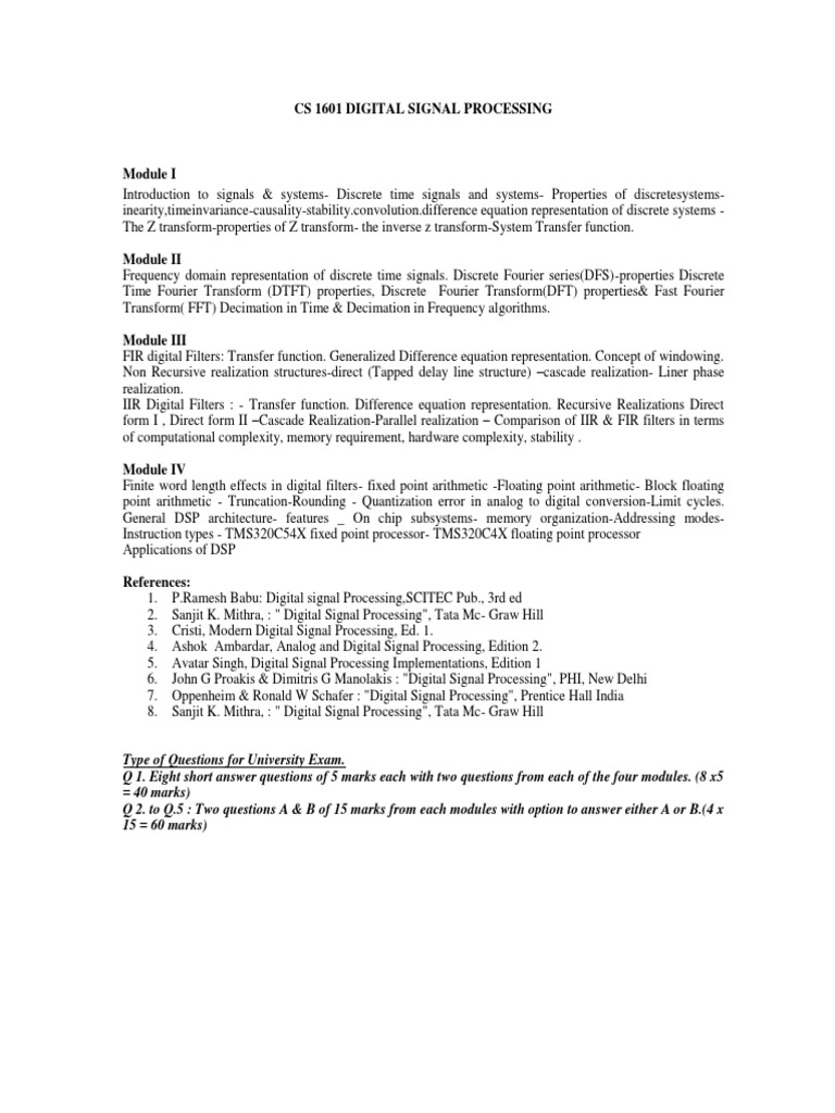 Cs 1601 Digital Signal Processing | PDF | Digital Signal Processing ...