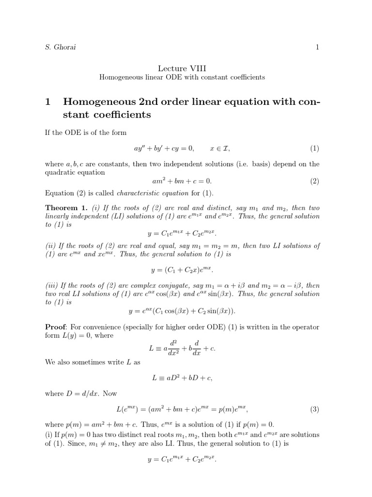 Lecture 8 Homogeneous Linear ODE With Constant Coefficients | PDF ...