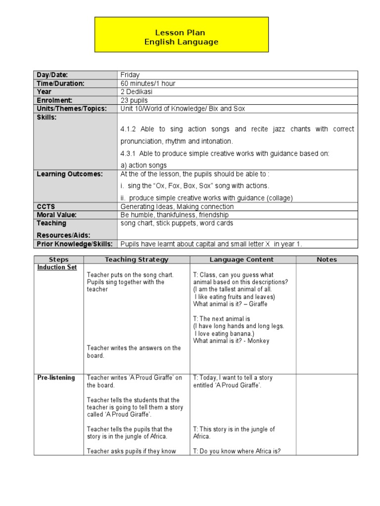Lesson Plan English Language: Day/Date: Time/Duration: Year Enrolment ...